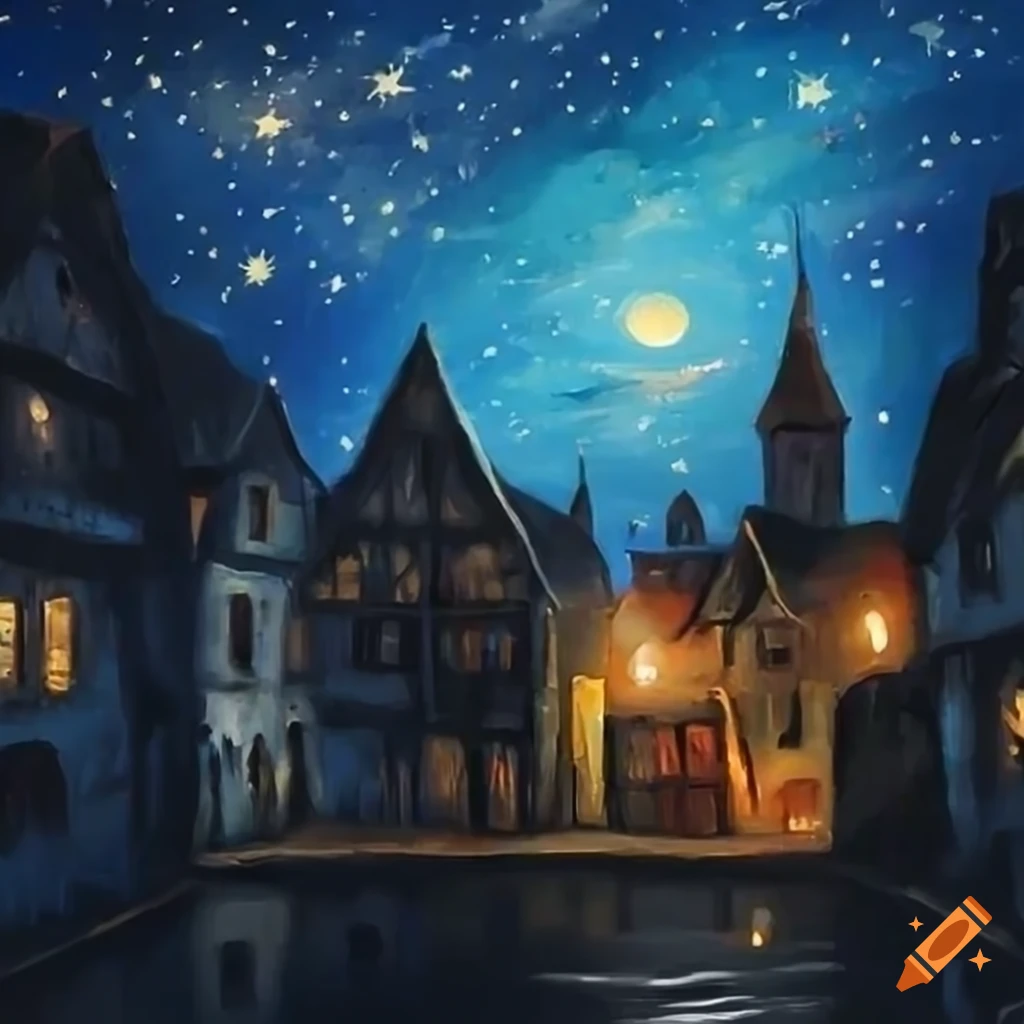 Painting of a candlelit medieval village at night on Craiyon