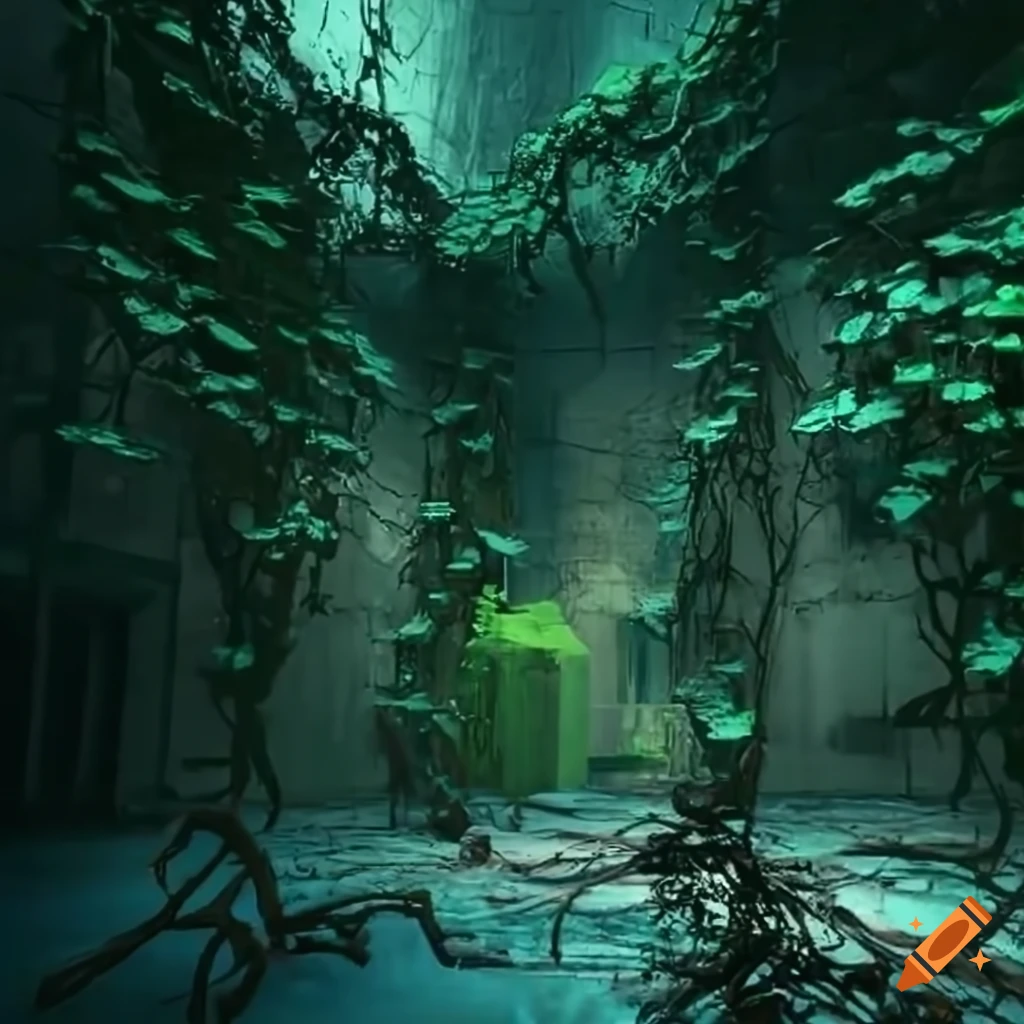 Abandoned lab research facility with overgrown vegetation on Craiyon