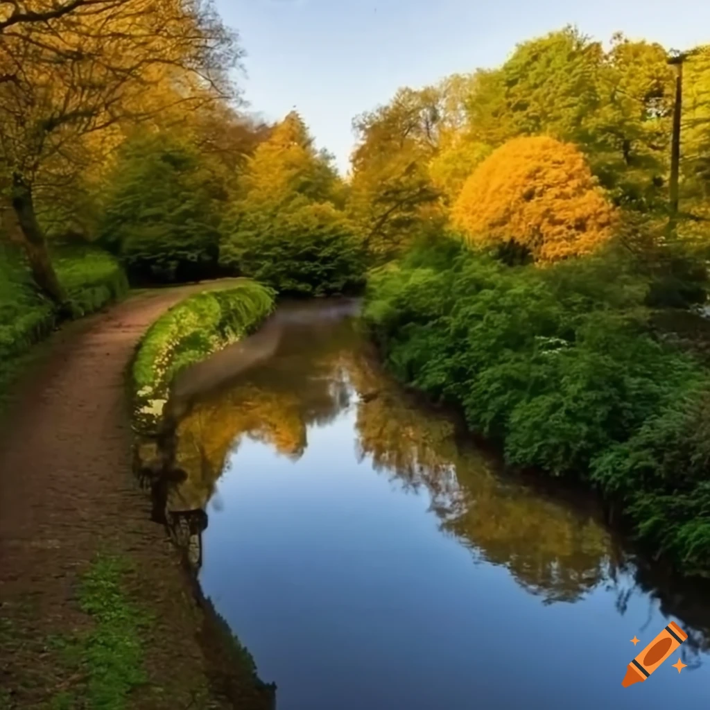 Gardens in knighton park, leicester, england with a stream at sunset on ...