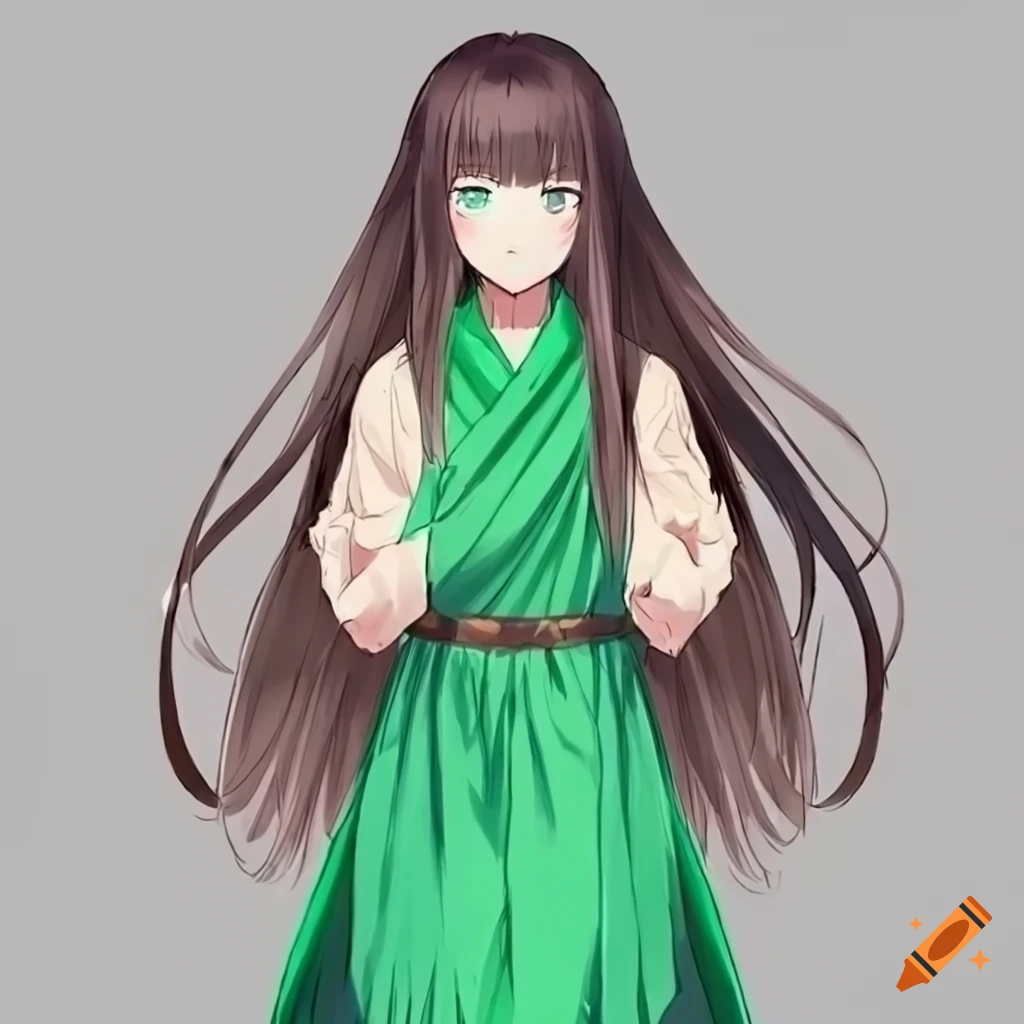 Illustration of a green-robed anime girl with long hair on Craiyon