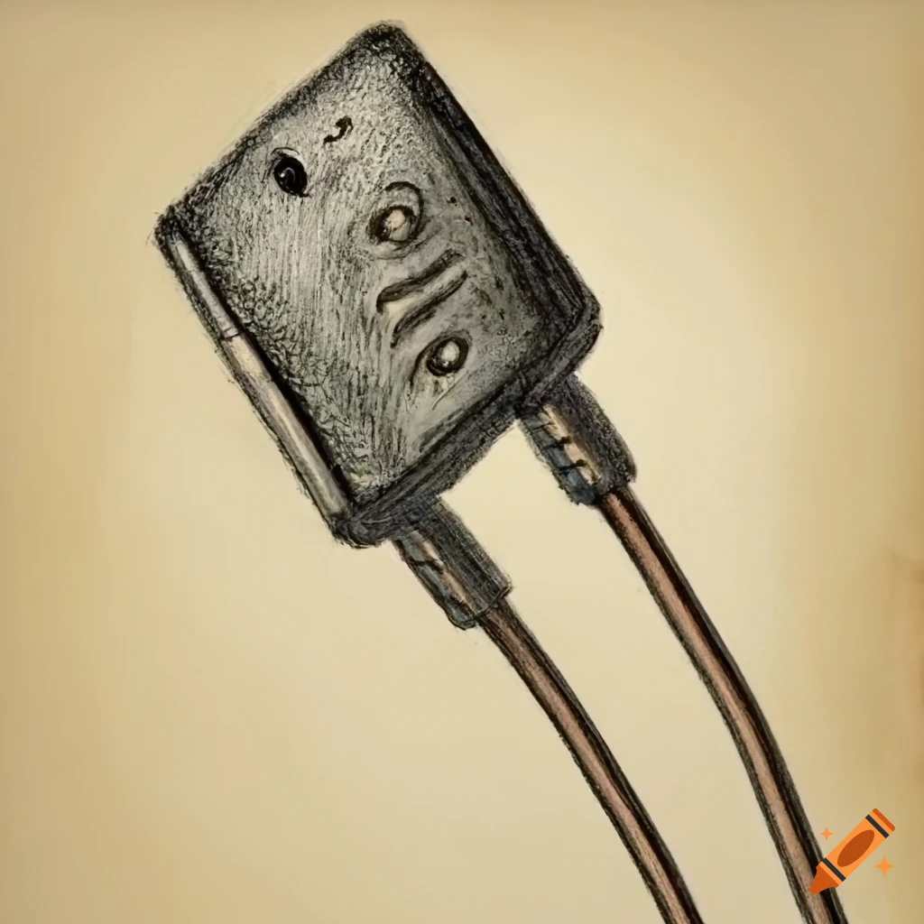 Sketch of an ancient usb-c cable head on aged paper on Craiyon