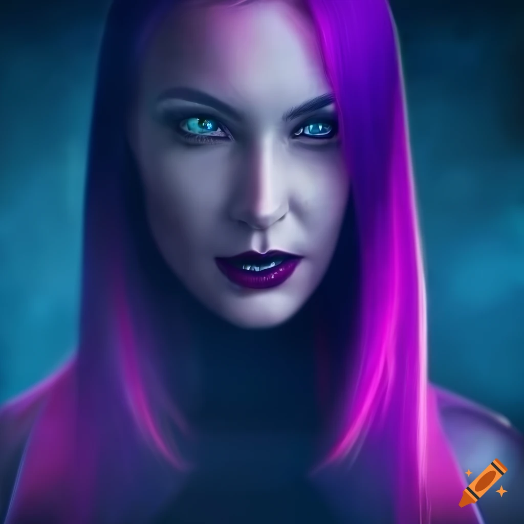 Portrait of a stunning vampire woman with long purple hair on Craiyon