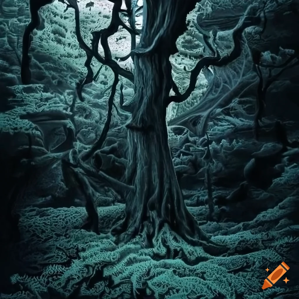 Monochrome woodcut of ancient trees in a forest