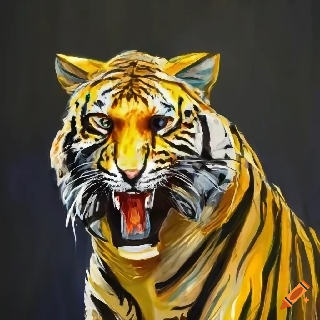 Knife palette painting of a roaring golden tiger on Craiyon