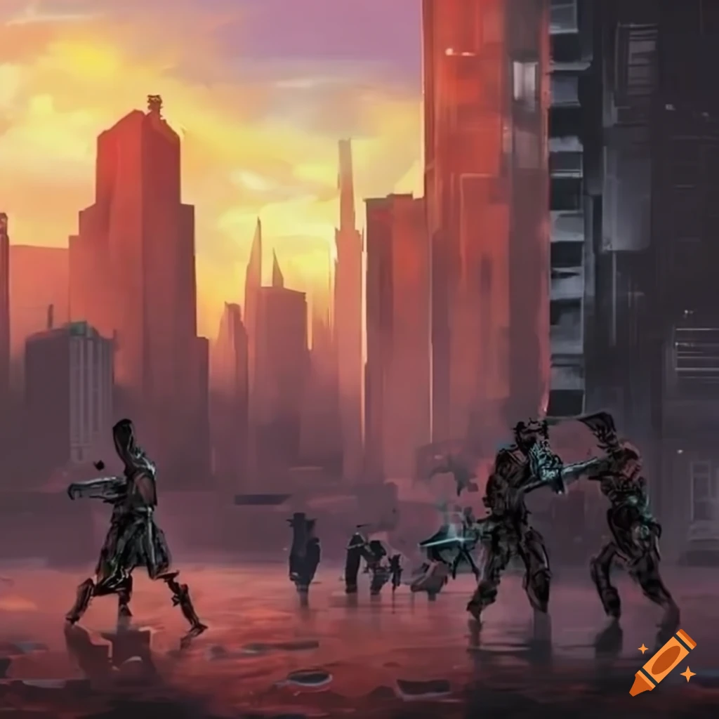 Image of a dystopian cityscape with a fighting arena