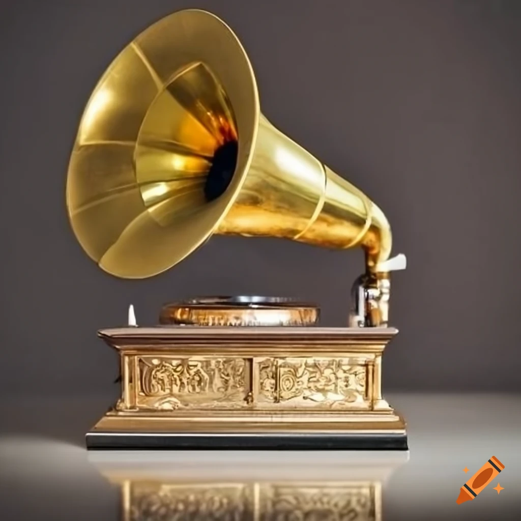 Gold phonograph on a historic table with godrays