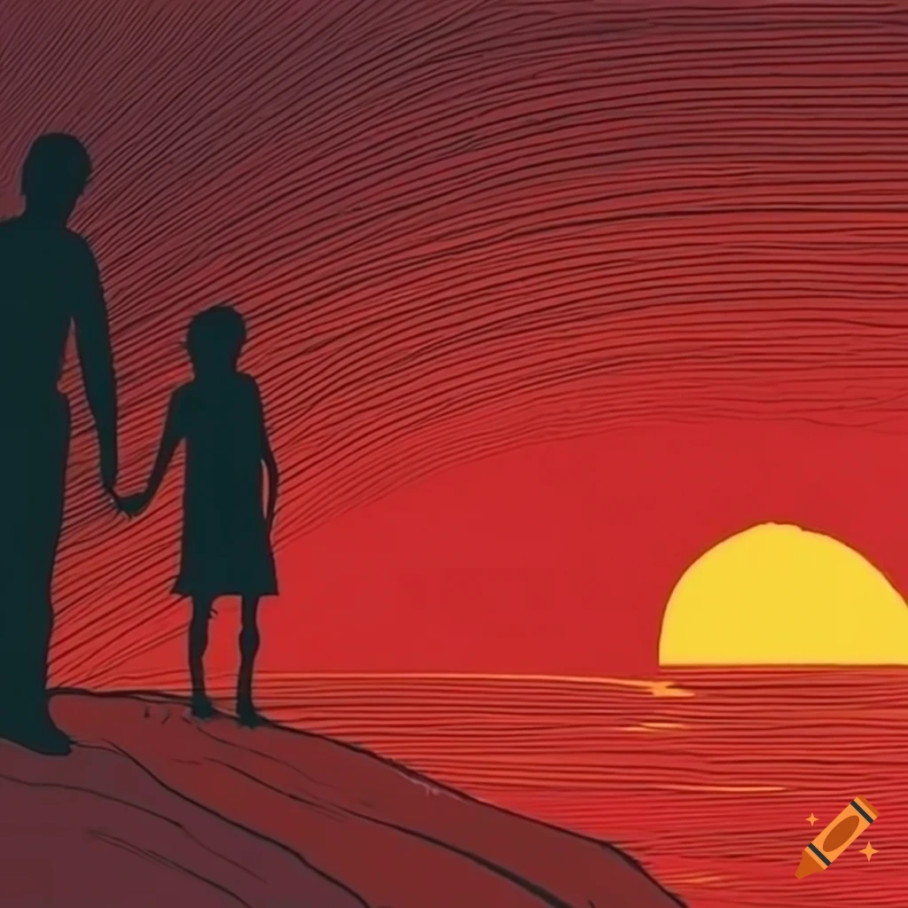 Silhouette staring into a red sunset on Craiyon