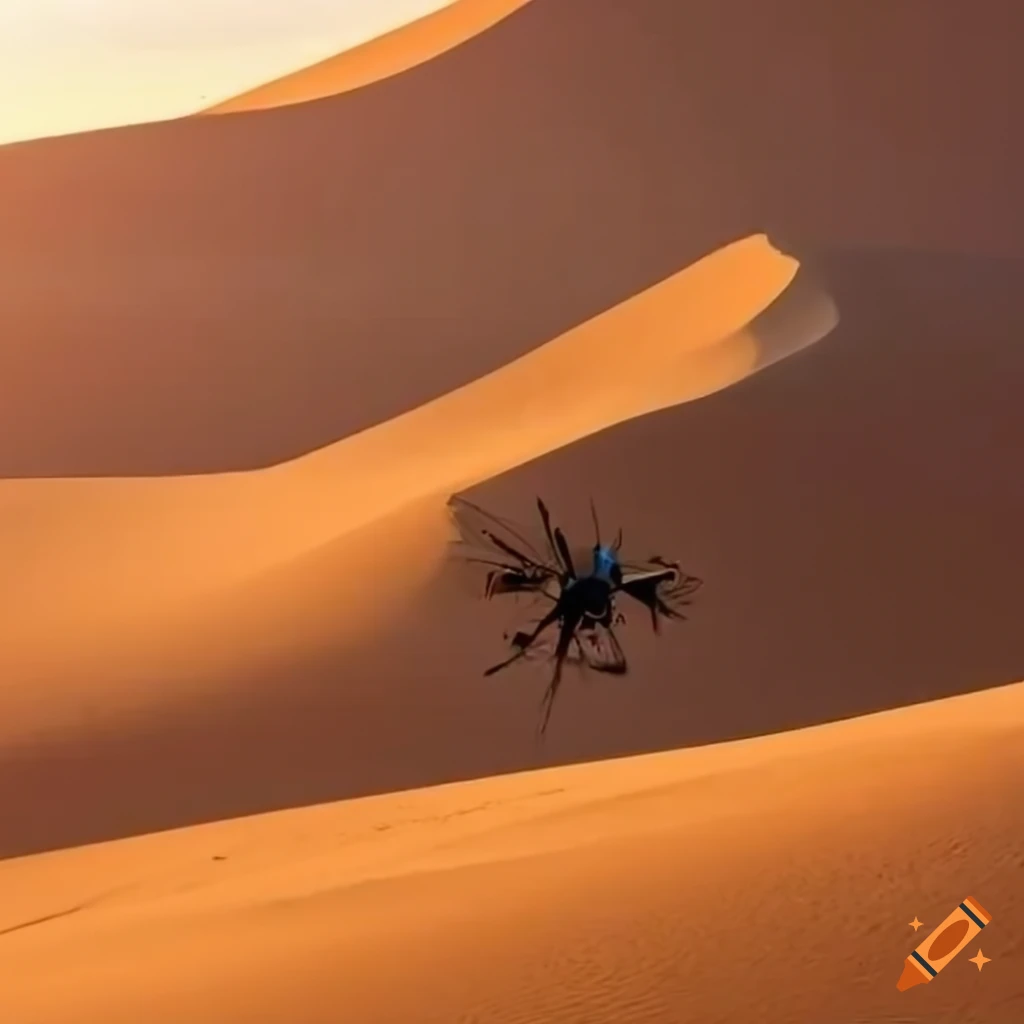 Ornithopter flying over desert dunes on Craiyon