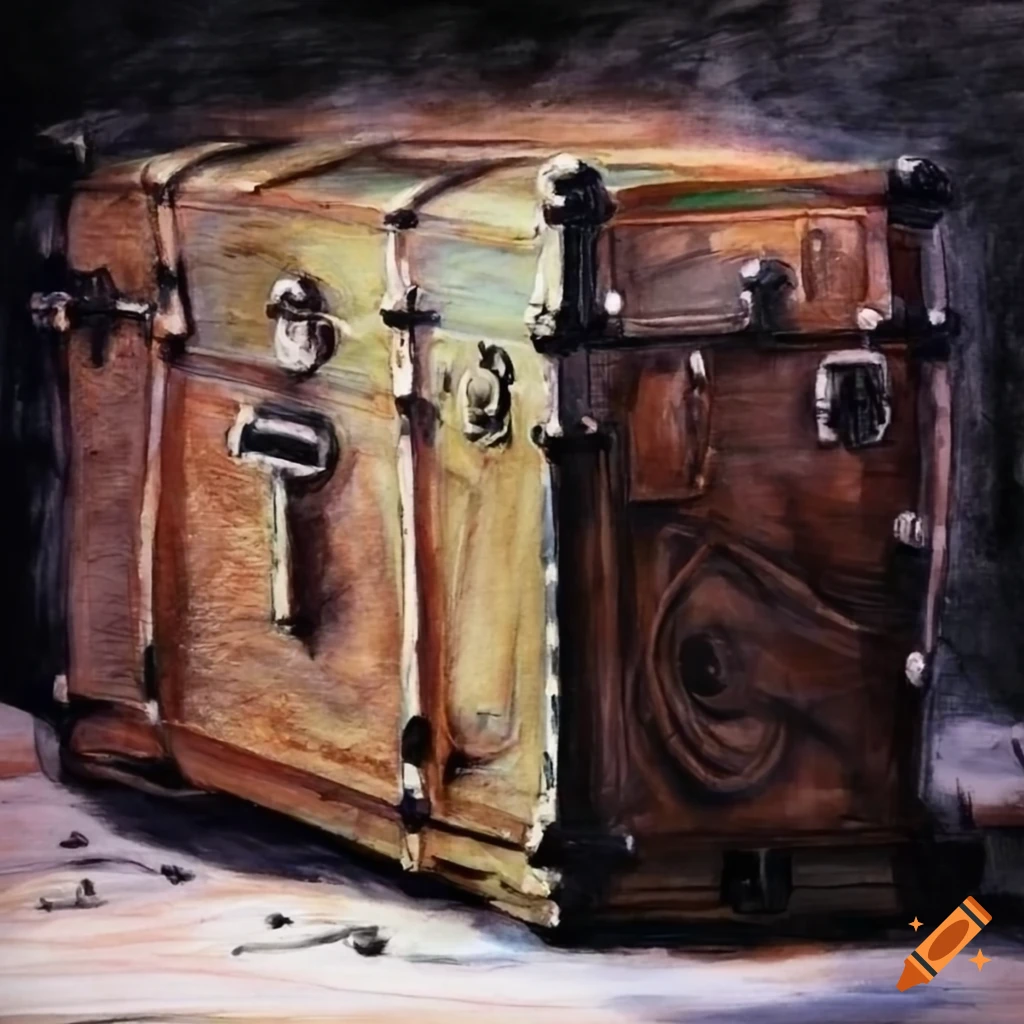 Charcoal drawing of a busy train depot with a large steamer trunk on ...