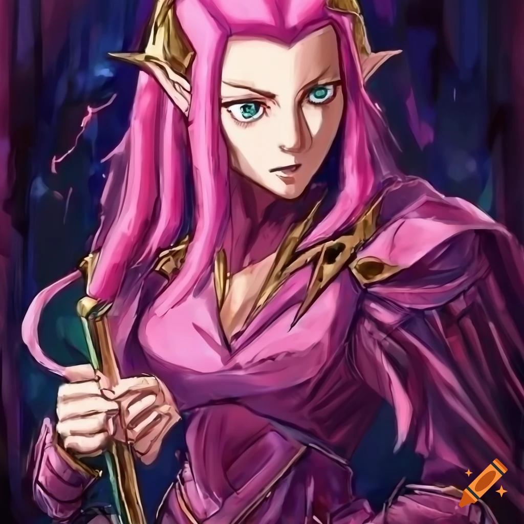 Palette knife painting of tauriel as a pink yu-gi-oh magician on Craiyon