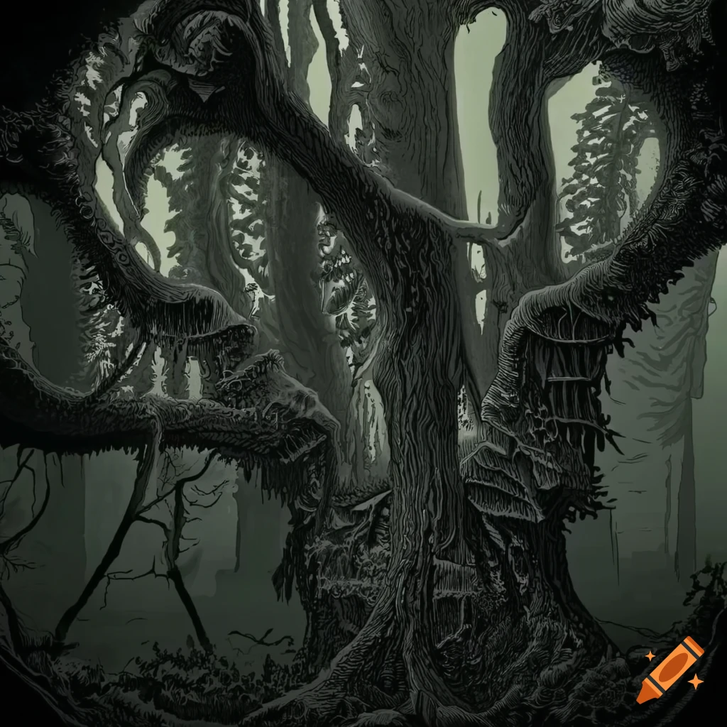 Woodcut of gnarled ancient trees with epiphytes