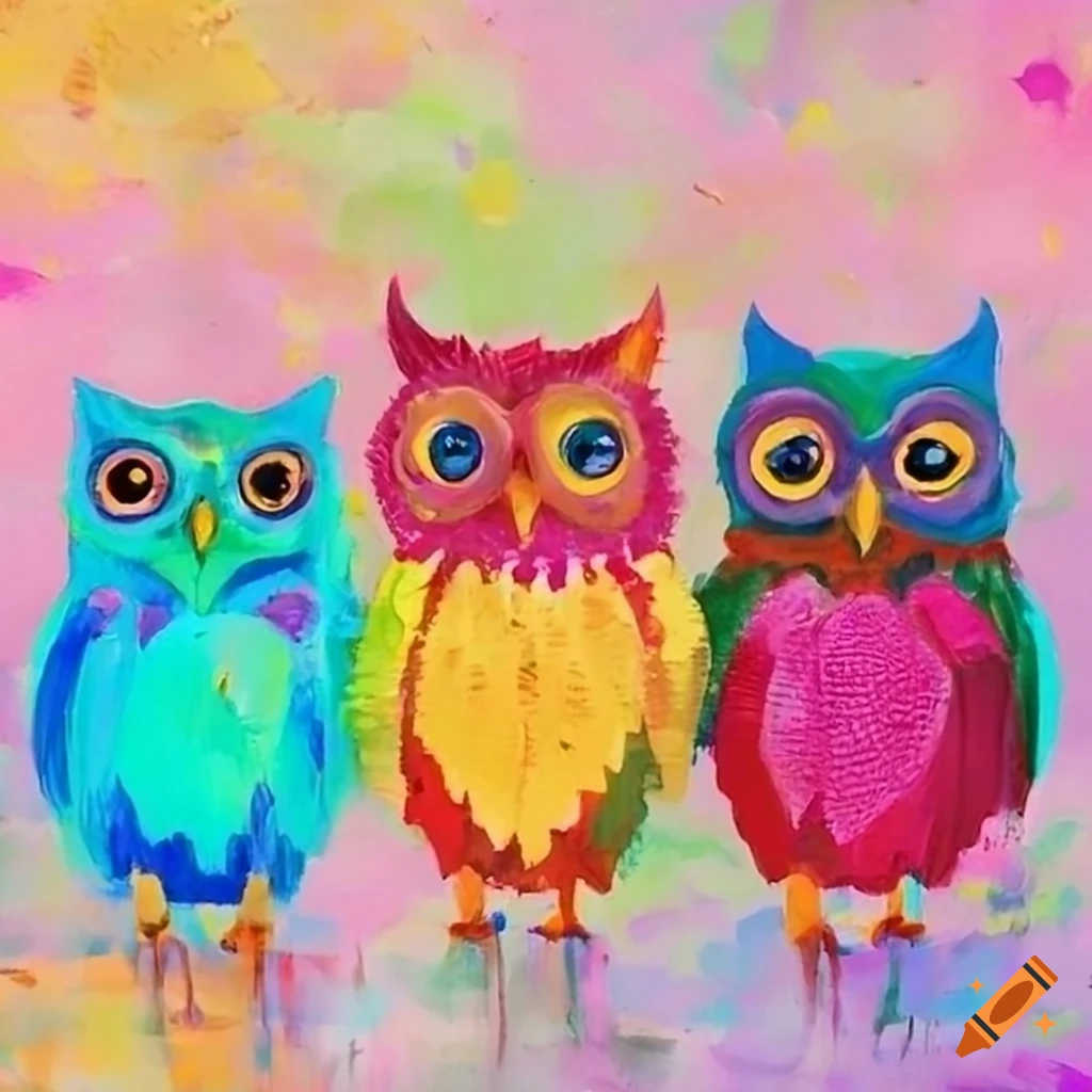 Colorful painting of an owl family on Craiyon