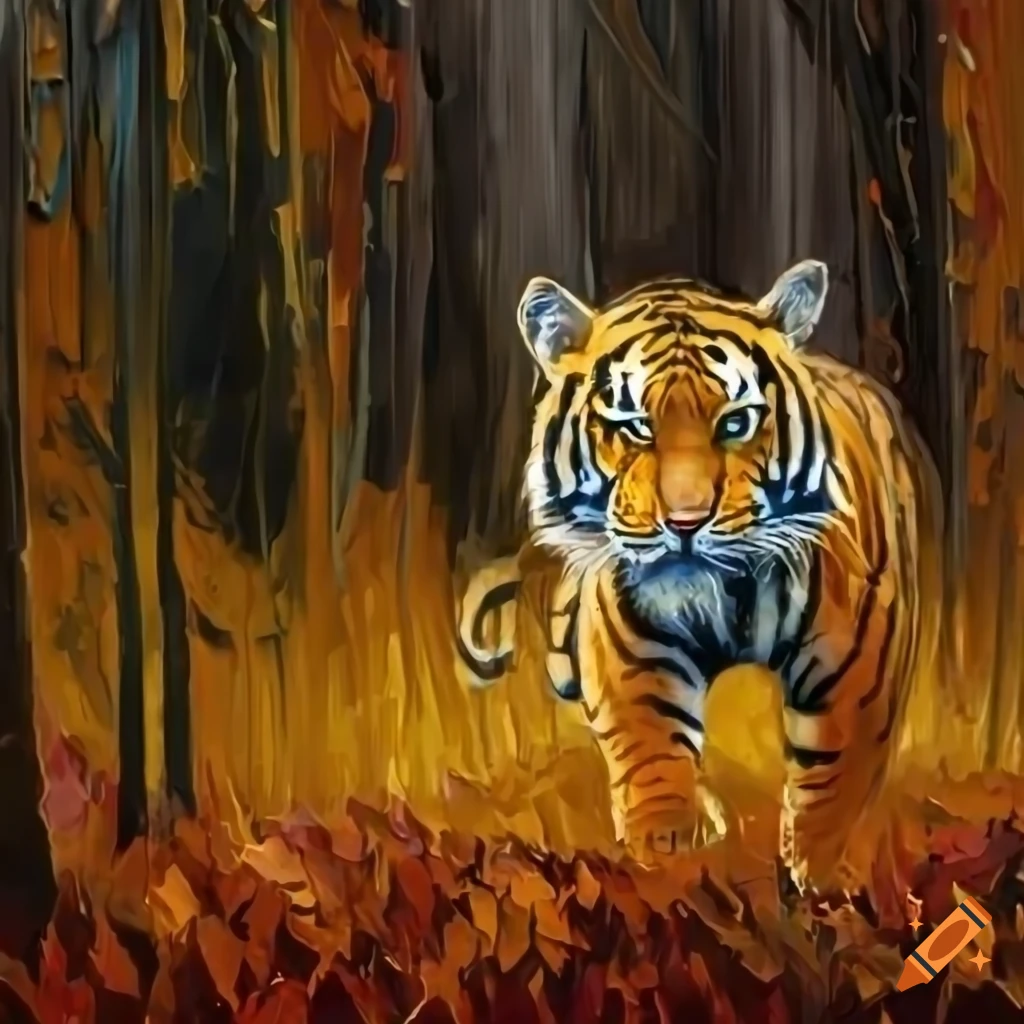 Knife palette painting of a golden tiger in a fall forest on Craiyon