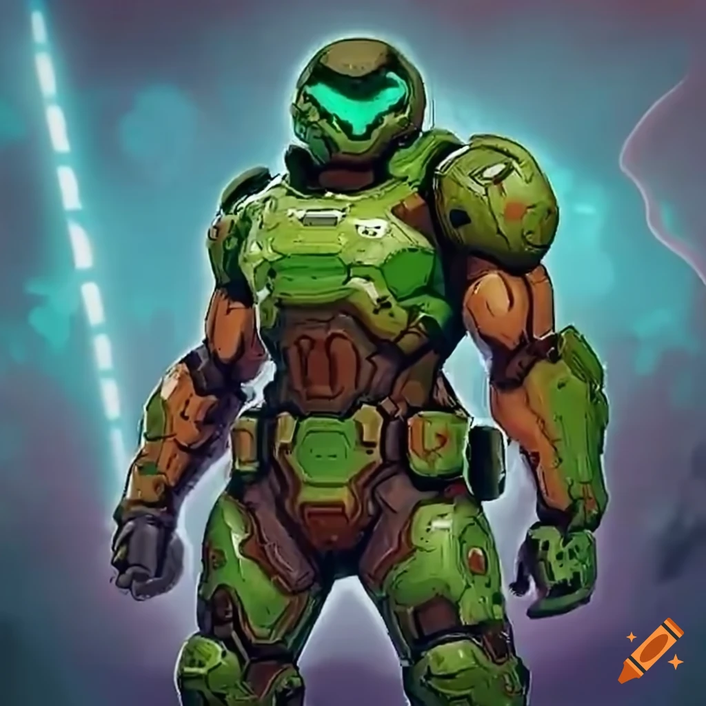 Doom slayer fighting mythical creatures in a mystical forest on Craiyon