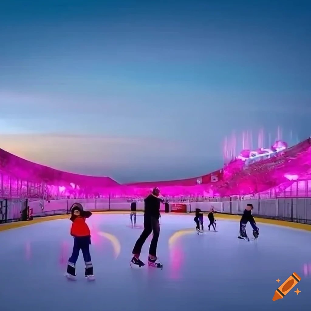 Magenta winter arena with ice rink and joyful atmosphere