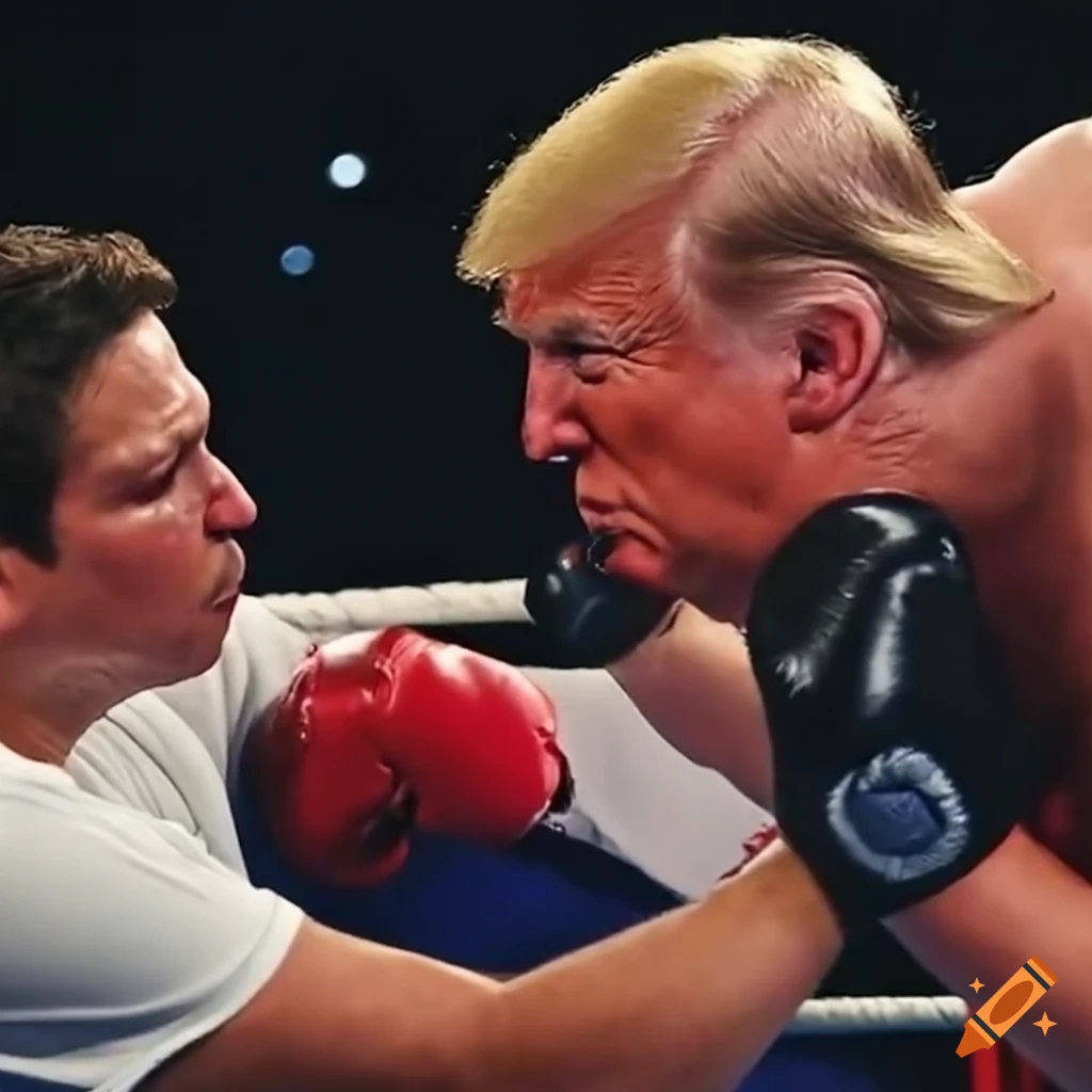 Political satire image of Donald Trump and Ron DeSantis boxing on Craiyon