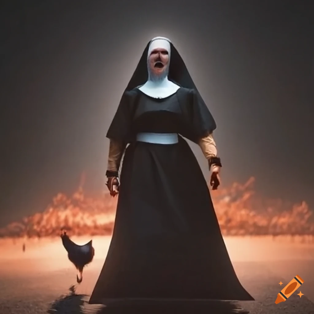 Humorous image of a nun and a chicken crossing the road on Craiyon