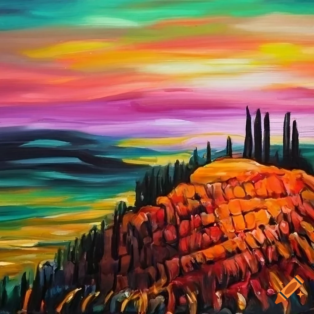 Acrylic painting of a Tuscany landscape with a black cat on Craiyon