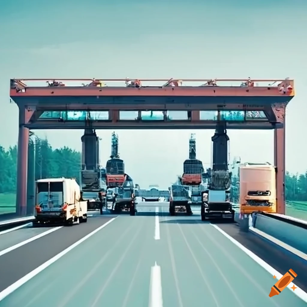 Trucks transporting shipping containers down a highway on Craiyon