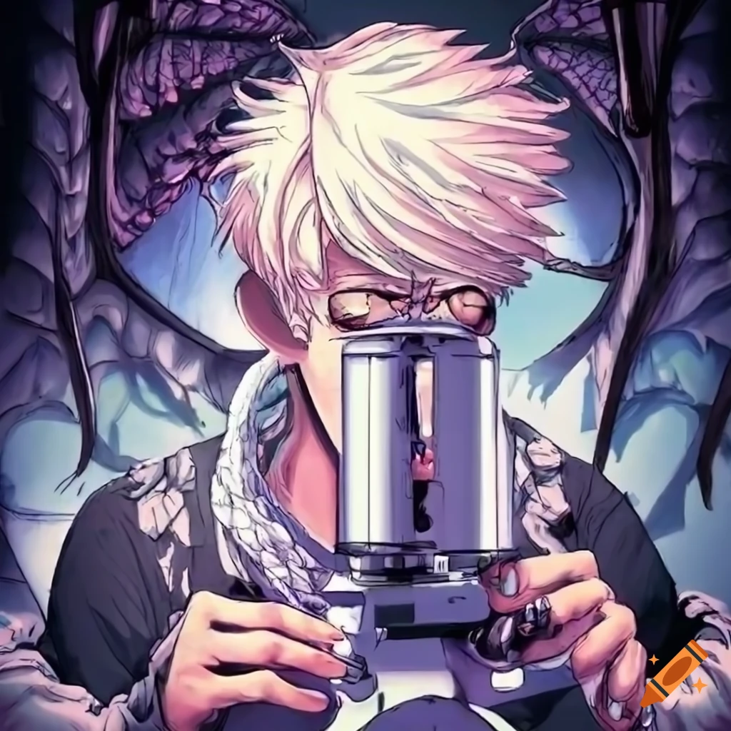 Manga style illustration of a guy observing a dragon through a ...