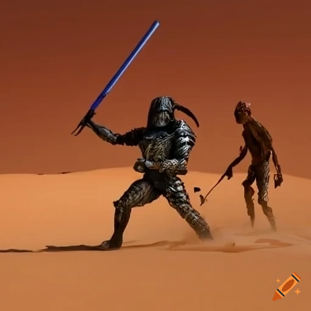 Image of luke skywalker and an alien predator humanoid in a desert ...