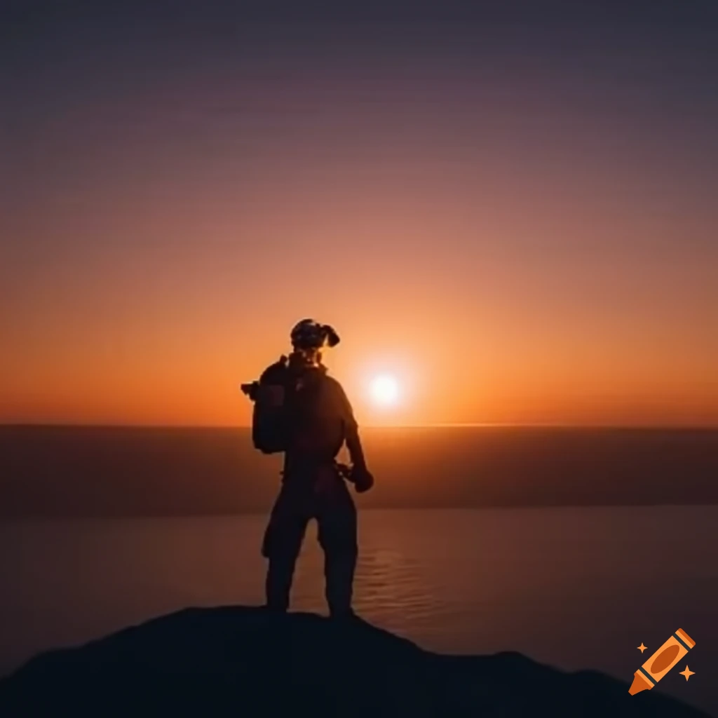 Soldier watching the sunset on Craiyon