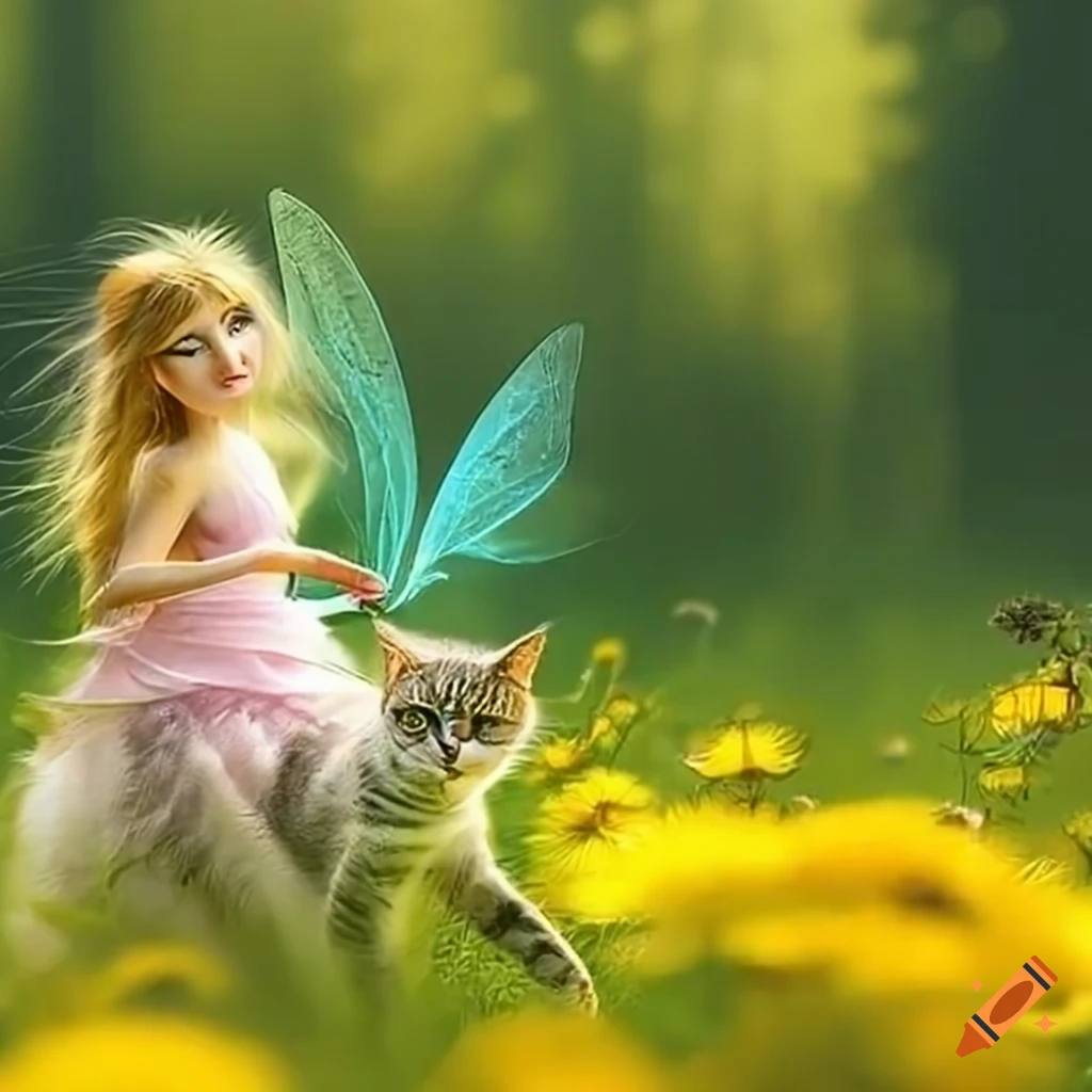 Artwork of a fairy riding a cat in a meadow