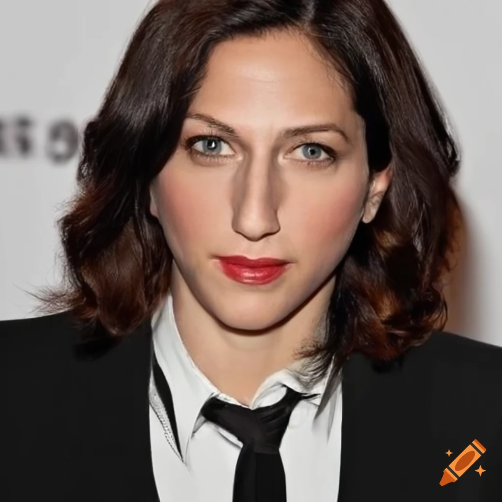 Close-up photo of chelsea peretti in a black suit and white shirt on ...