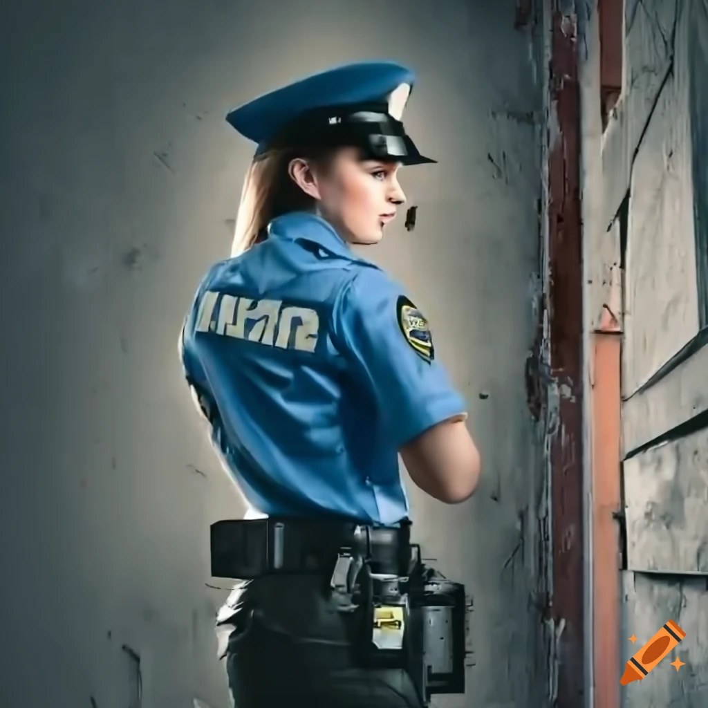 Close-up rear view of policewoman peeking through a door on Craiyon