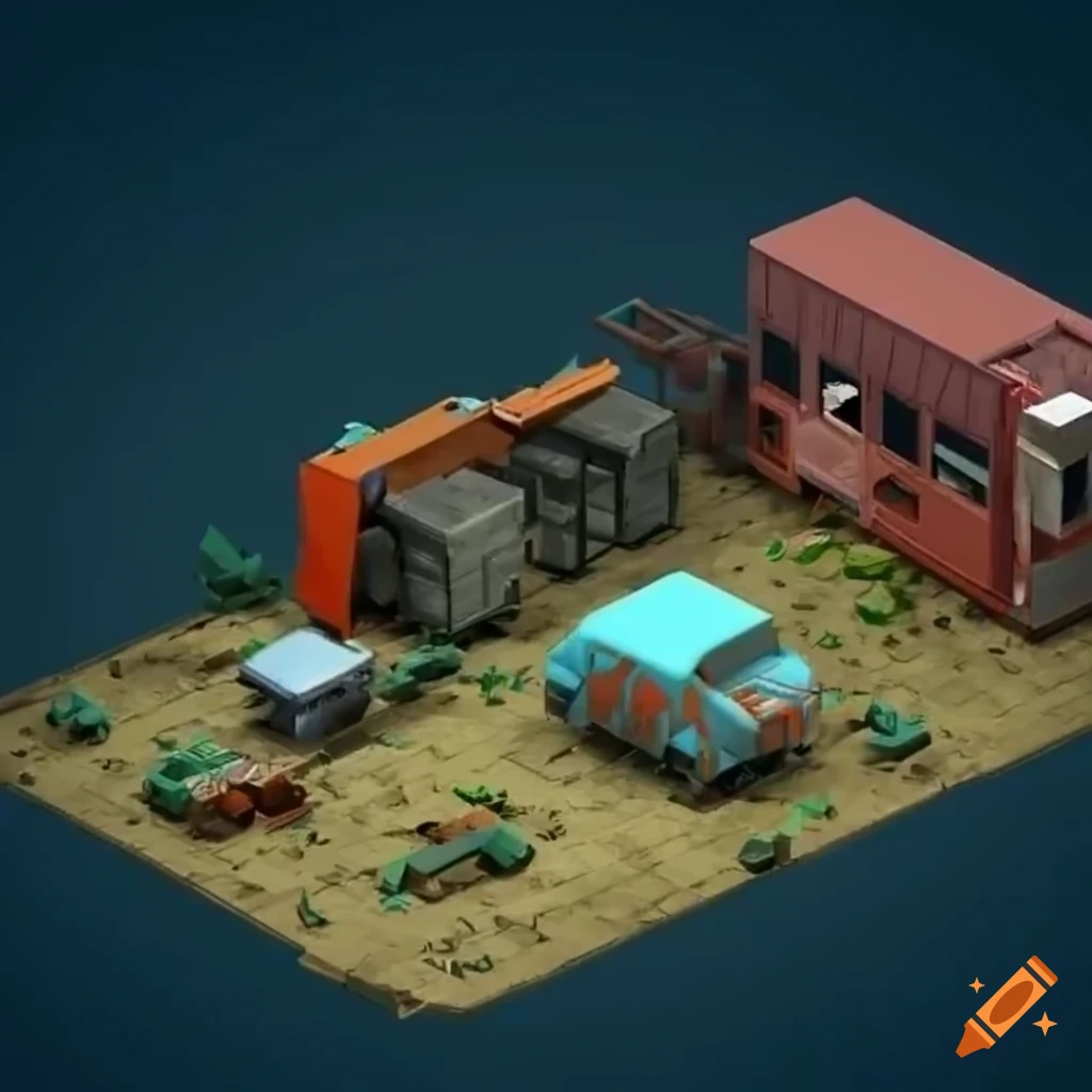 Isometric view of a junk-filled scrap yard