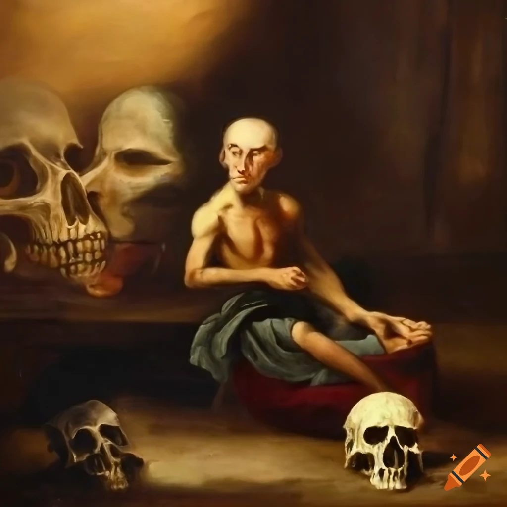 Oil painting of a man meditating surrounded by skulls on Craiyon
