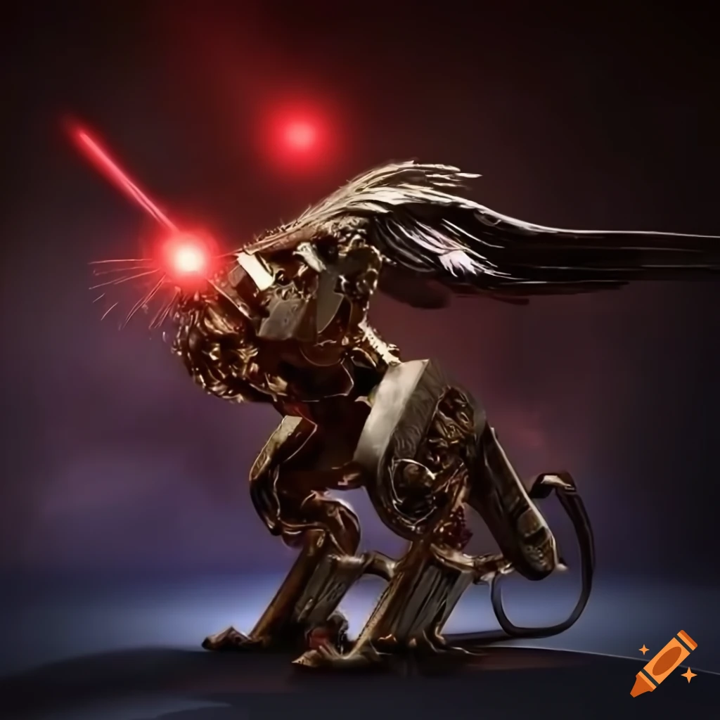 High-definition image of a mechanical gryphon with red laser eyes and a ...