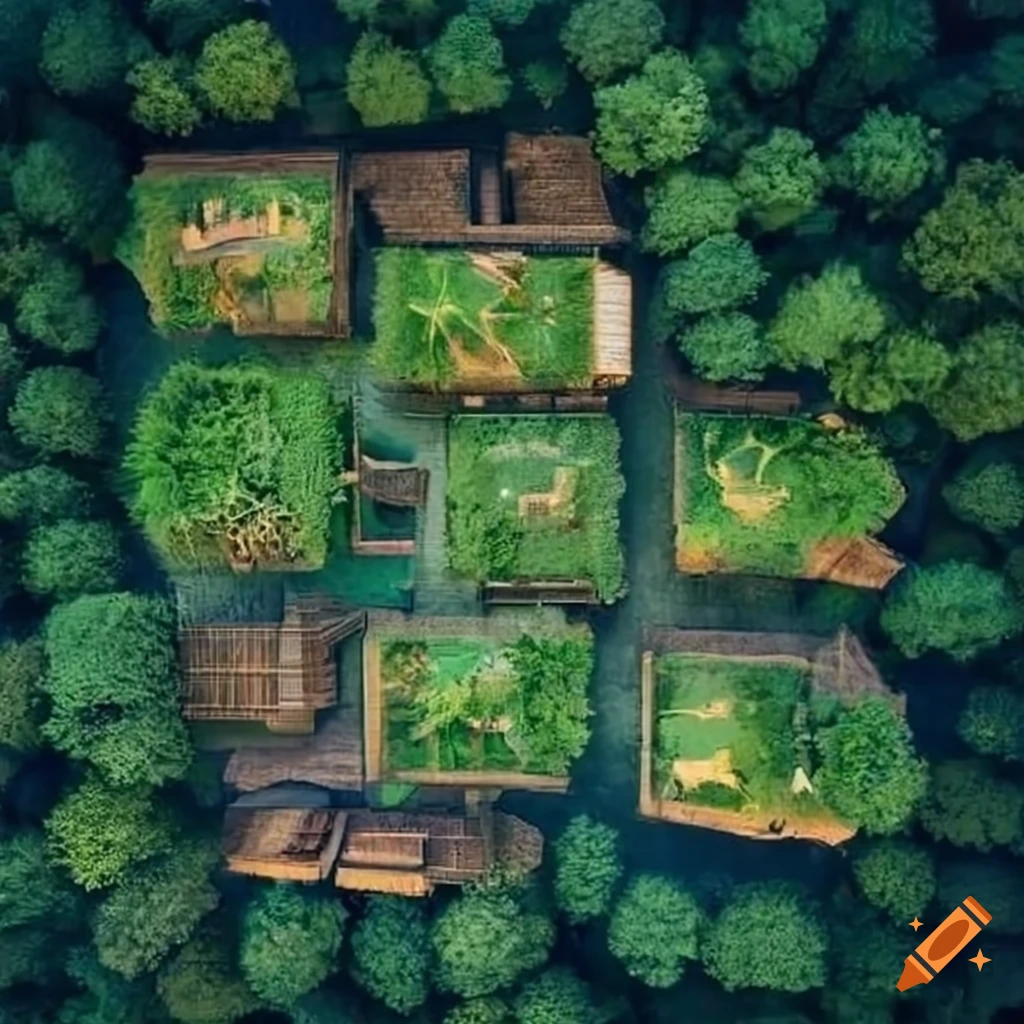 Birds eye view of an eco lodge surrounded by lush forest on Craiyon