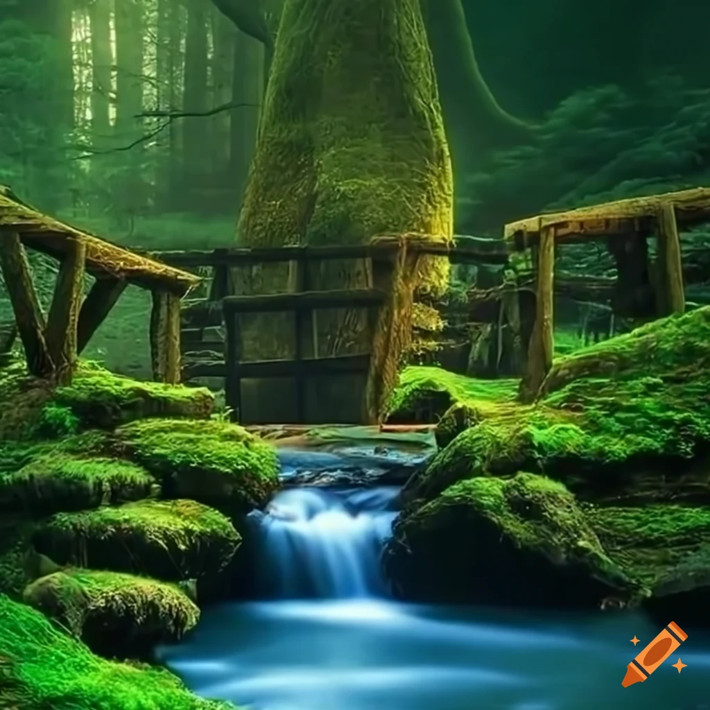 A wooden bridge in an enchanted forest