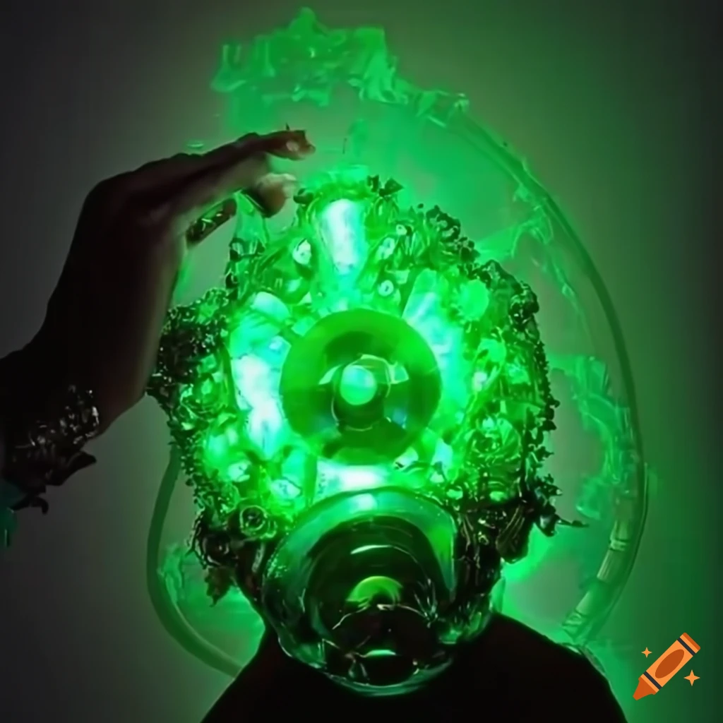 Realistic depiction of a man placing green crystal into a futuristic ...