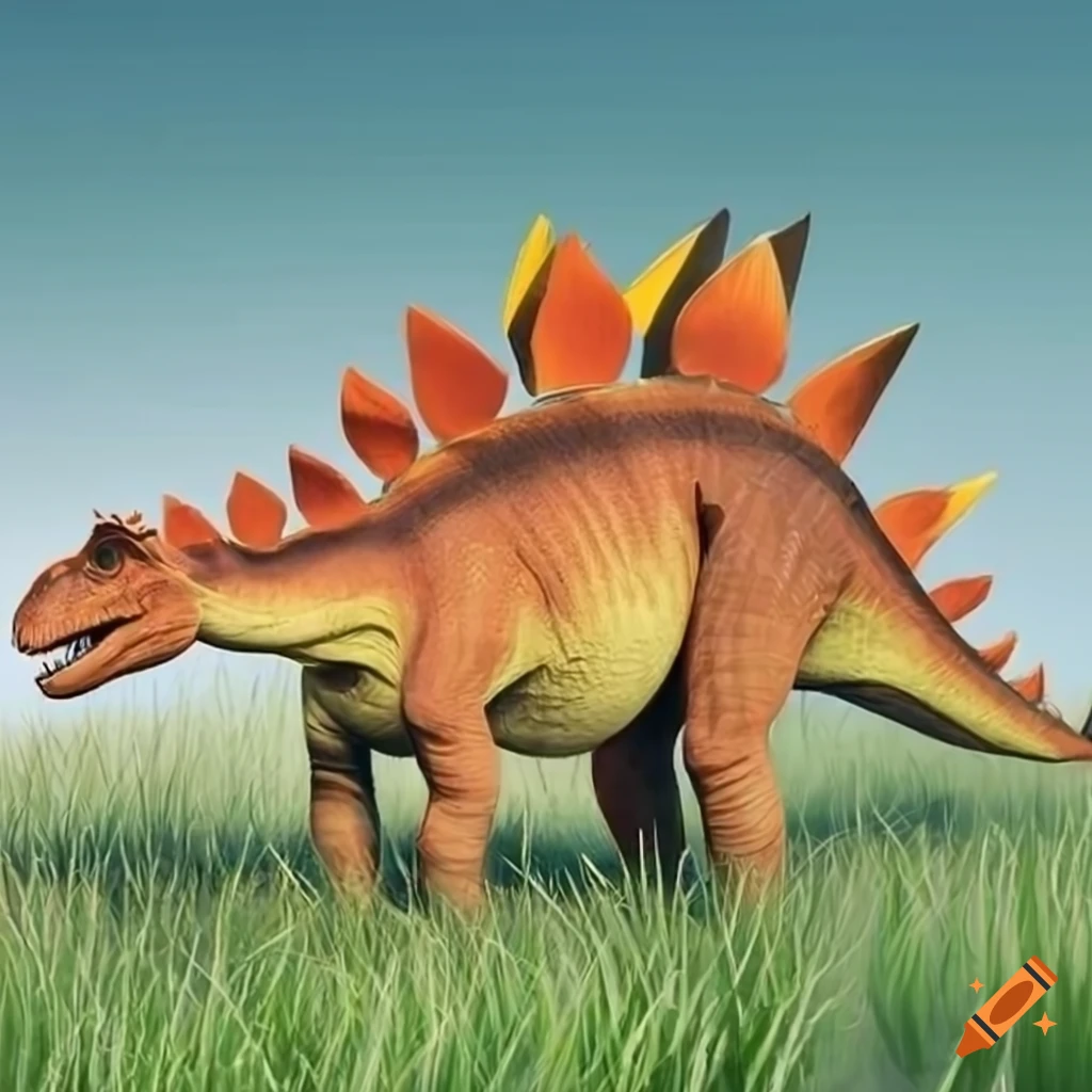Orange stegosaurus in tall grass