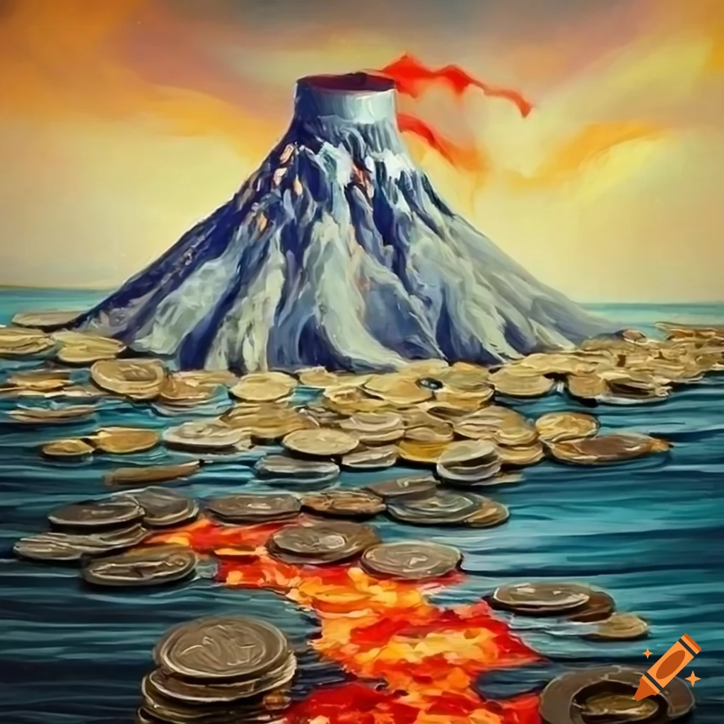 Oil painting of a money island with coin volcanoes on Craiyon