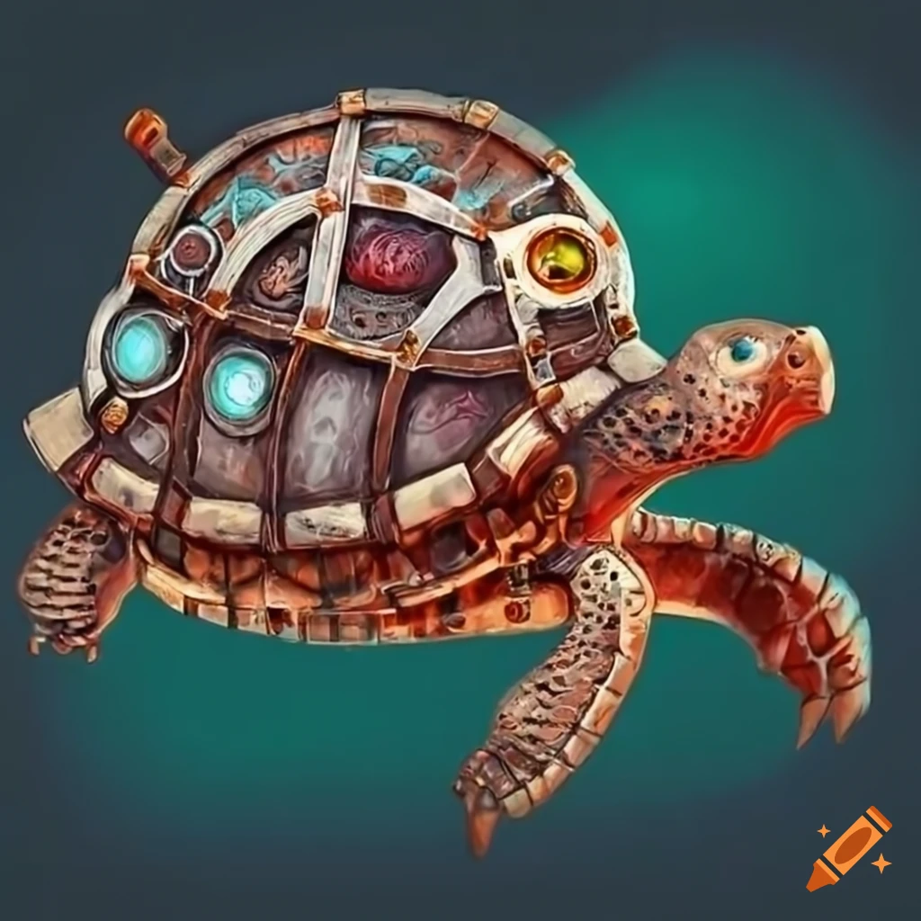 Translucent reddish steampunk turtle sculpture