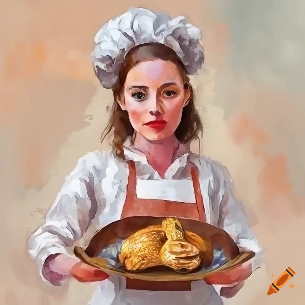 Watercolor drawing of a female cook holding a stuffed turkey on Craiyon