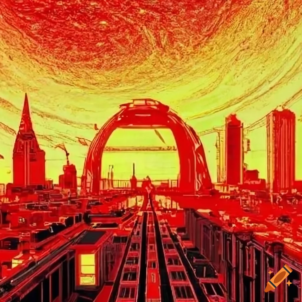 Red and yellow futuristic artwork with a solarpunk theme on Craiyon