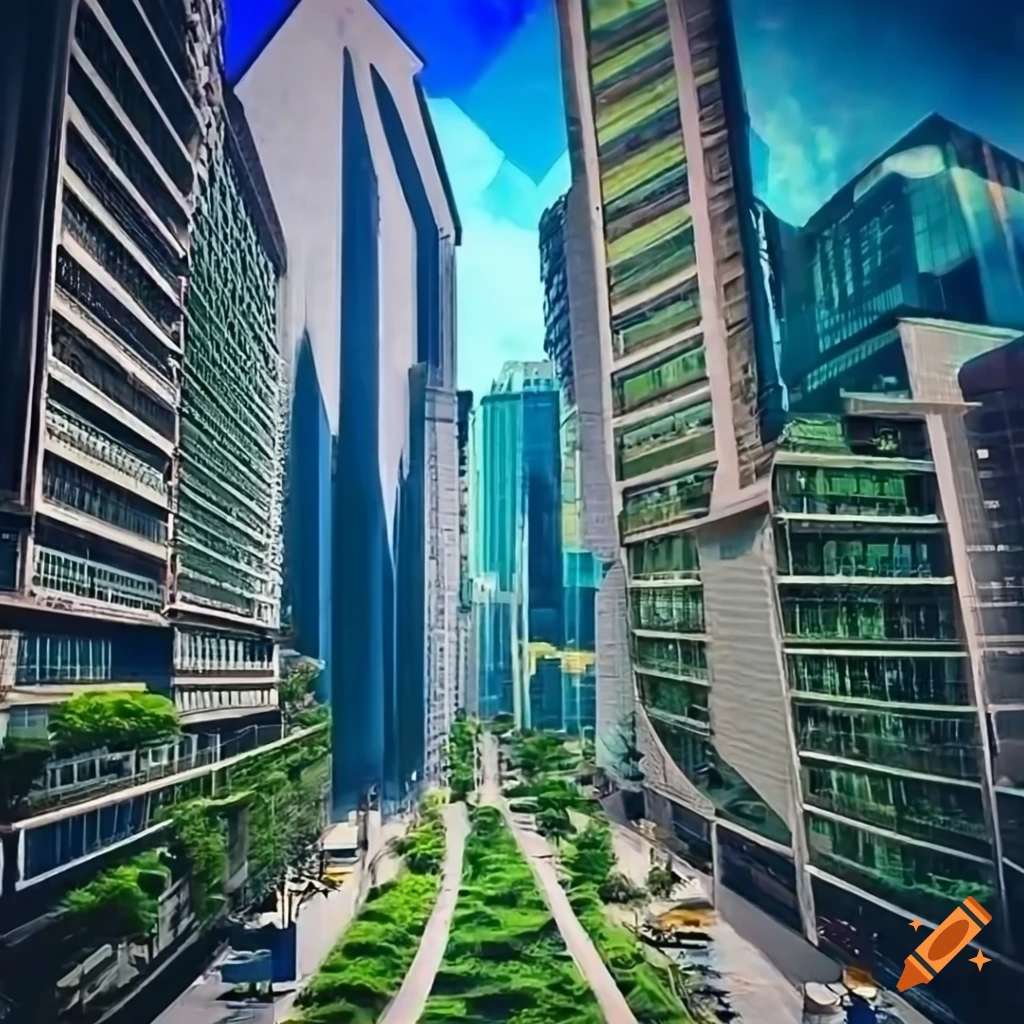 Sophisticated modern cityscape with greenery on Craiyon