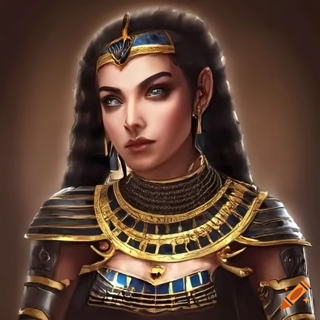 Medieval fantasy art of a brown-eyed egyptian woman knight