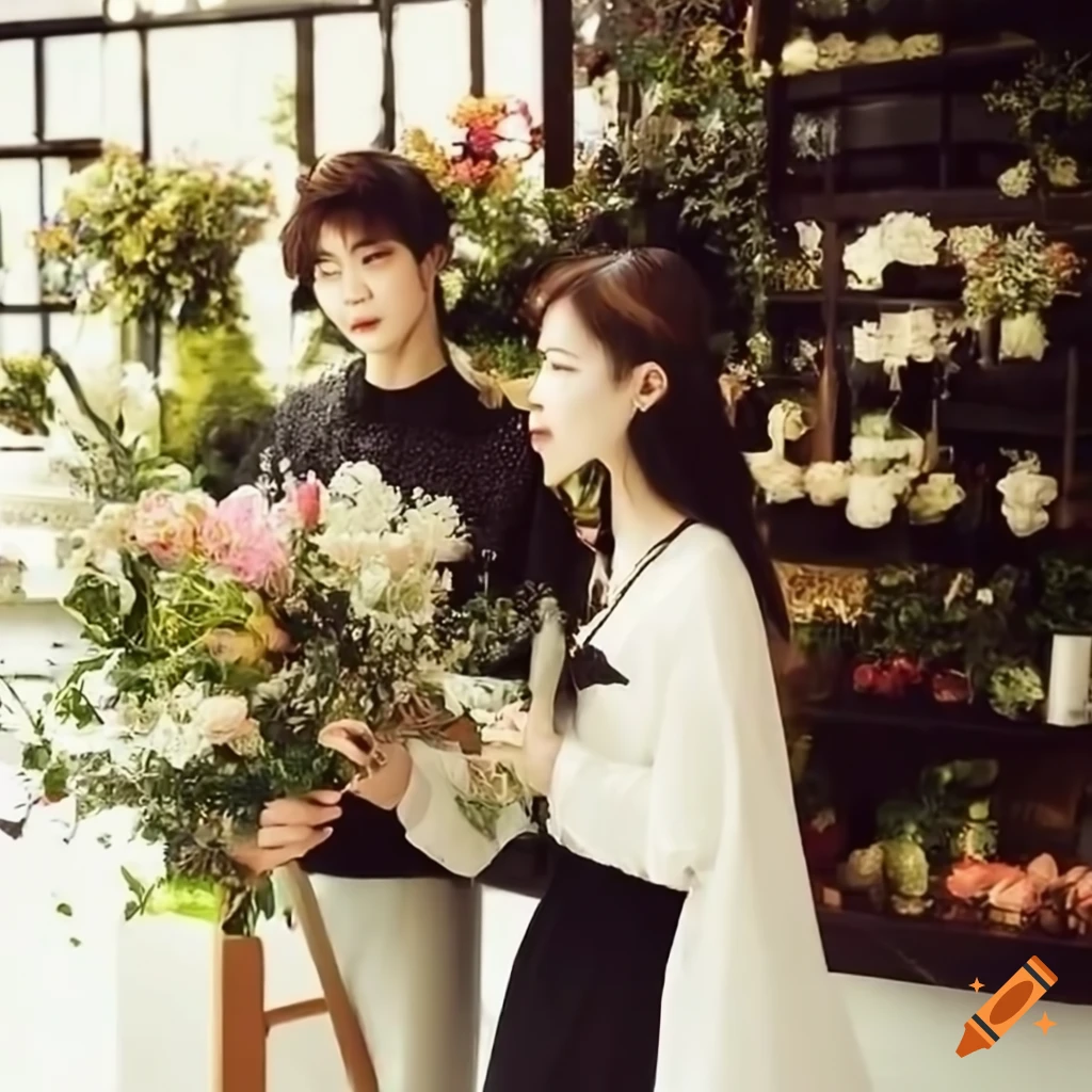 Ulzzang style couple at a flower shop on Craiyon