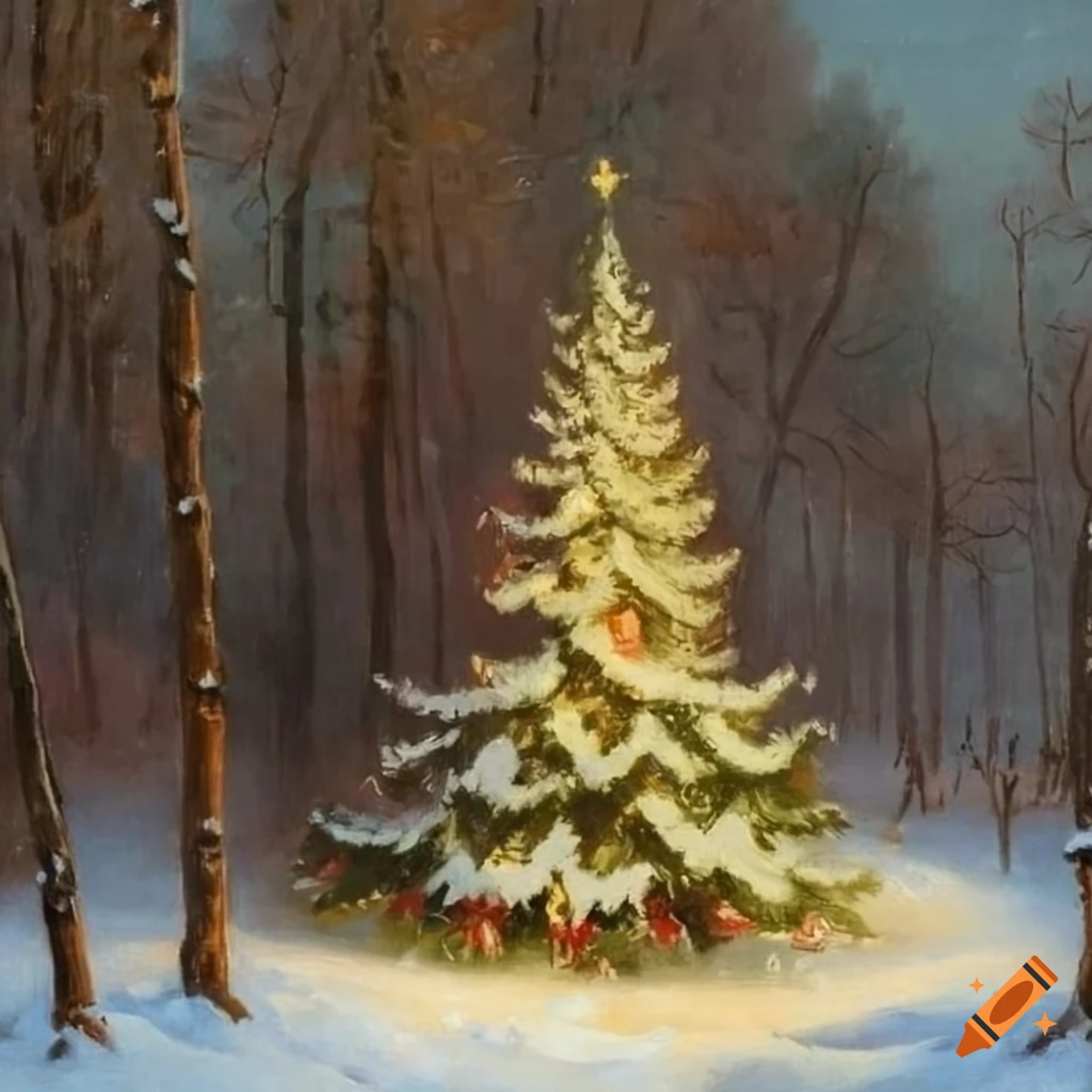 19th century oil painting of a snowy forest with a christmas tree on ...