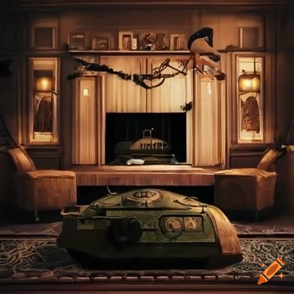 Cozy living room with tank-themed decorations
