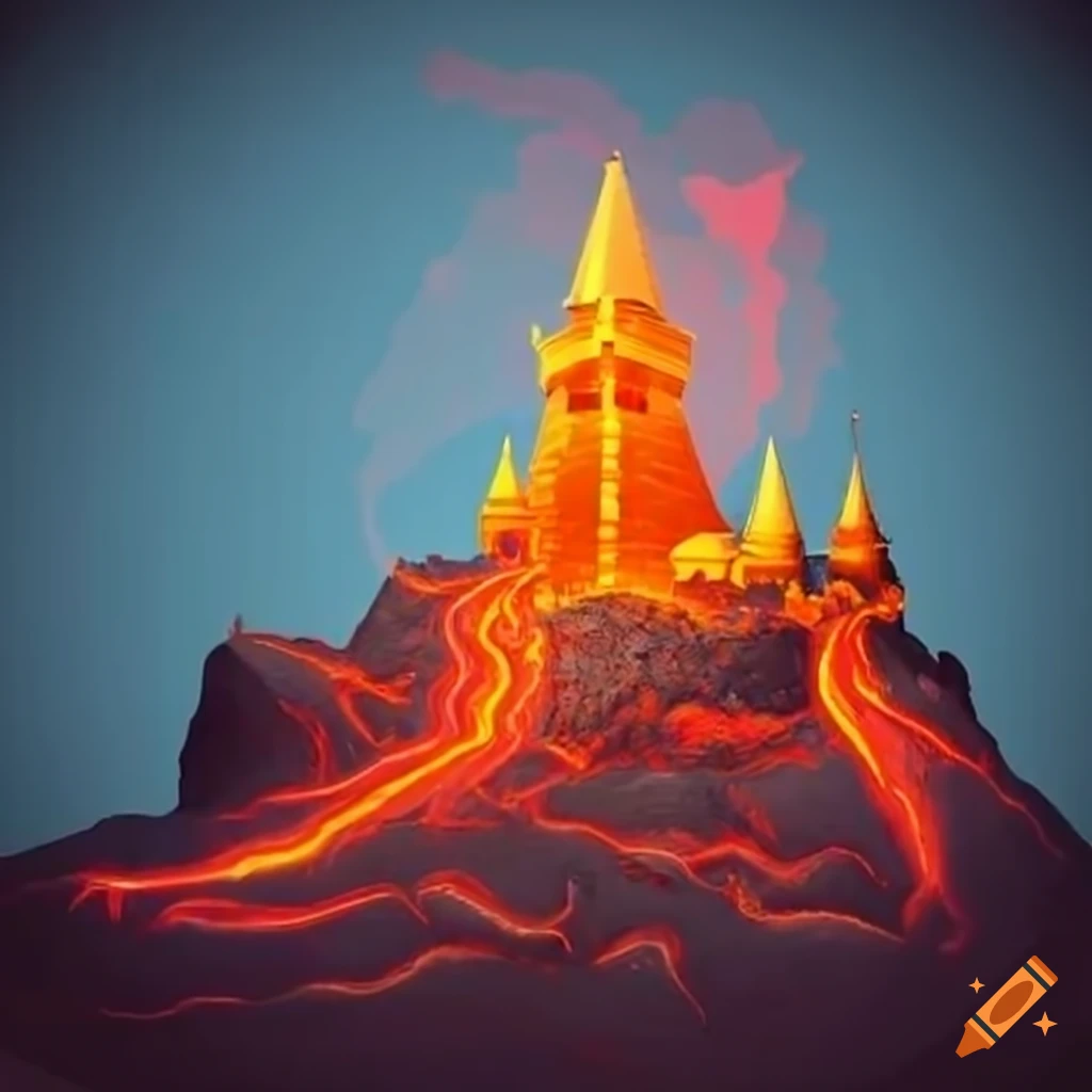 Castle on a mountain surrounded by lava