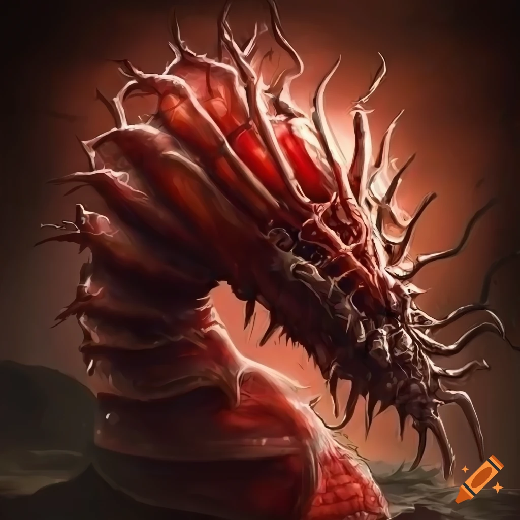 Digital art of a towering red-haired insectoid creature guarding its ...