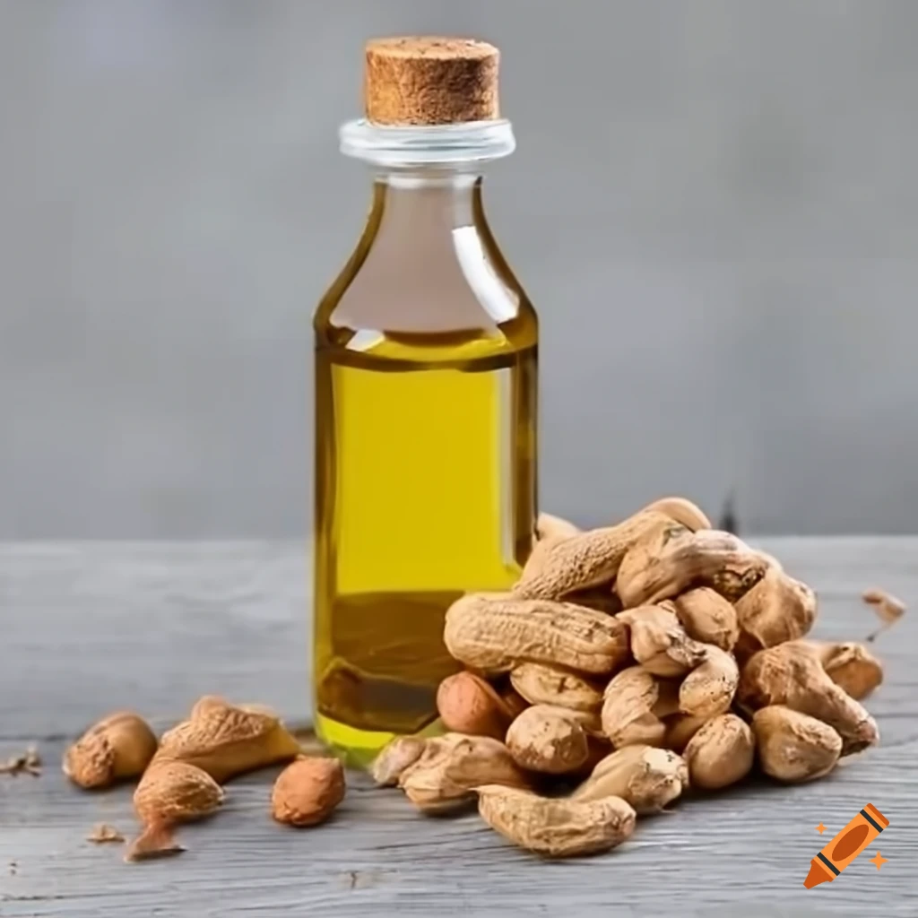 Glass bottle of groundnut oil with ginger and peanuts