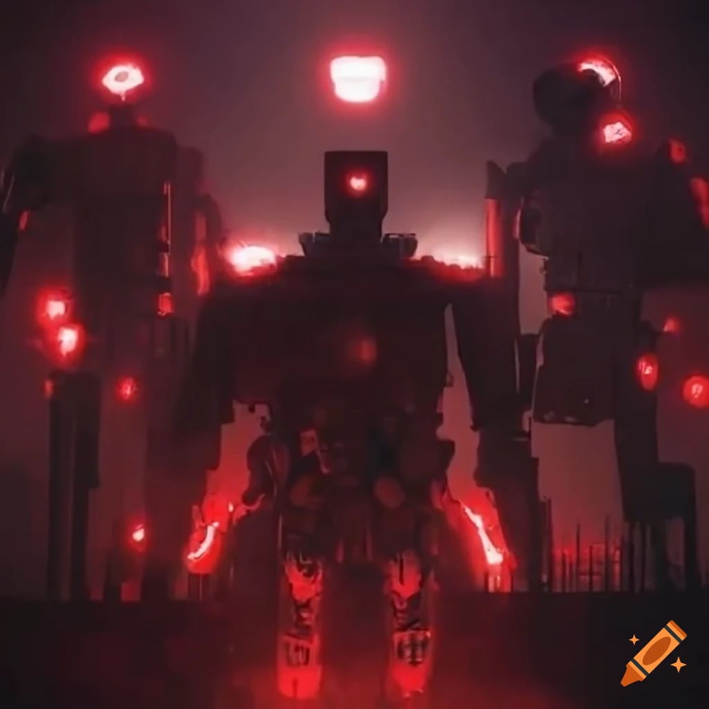 Panoramic view of an army of giant robot soldiers