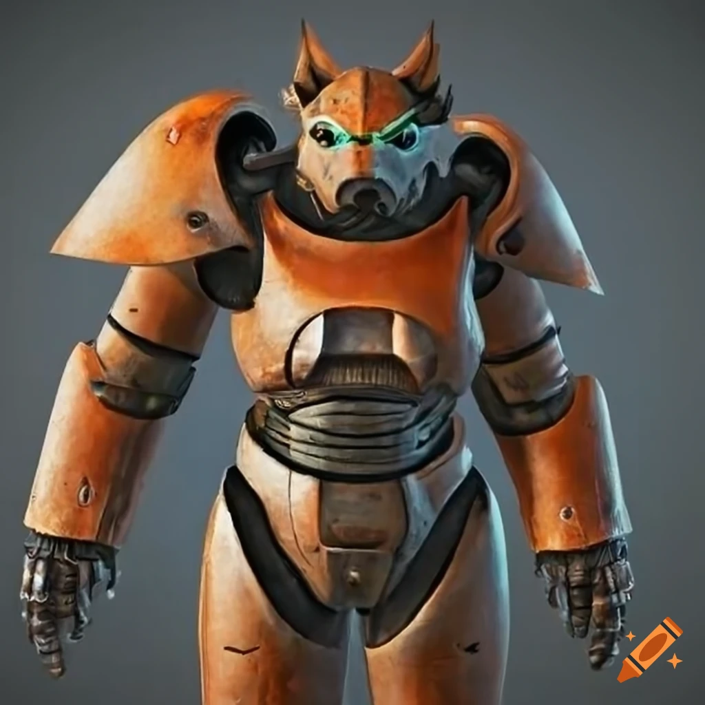 Fallout power armor with fox motif and black and orange color scheme on ...